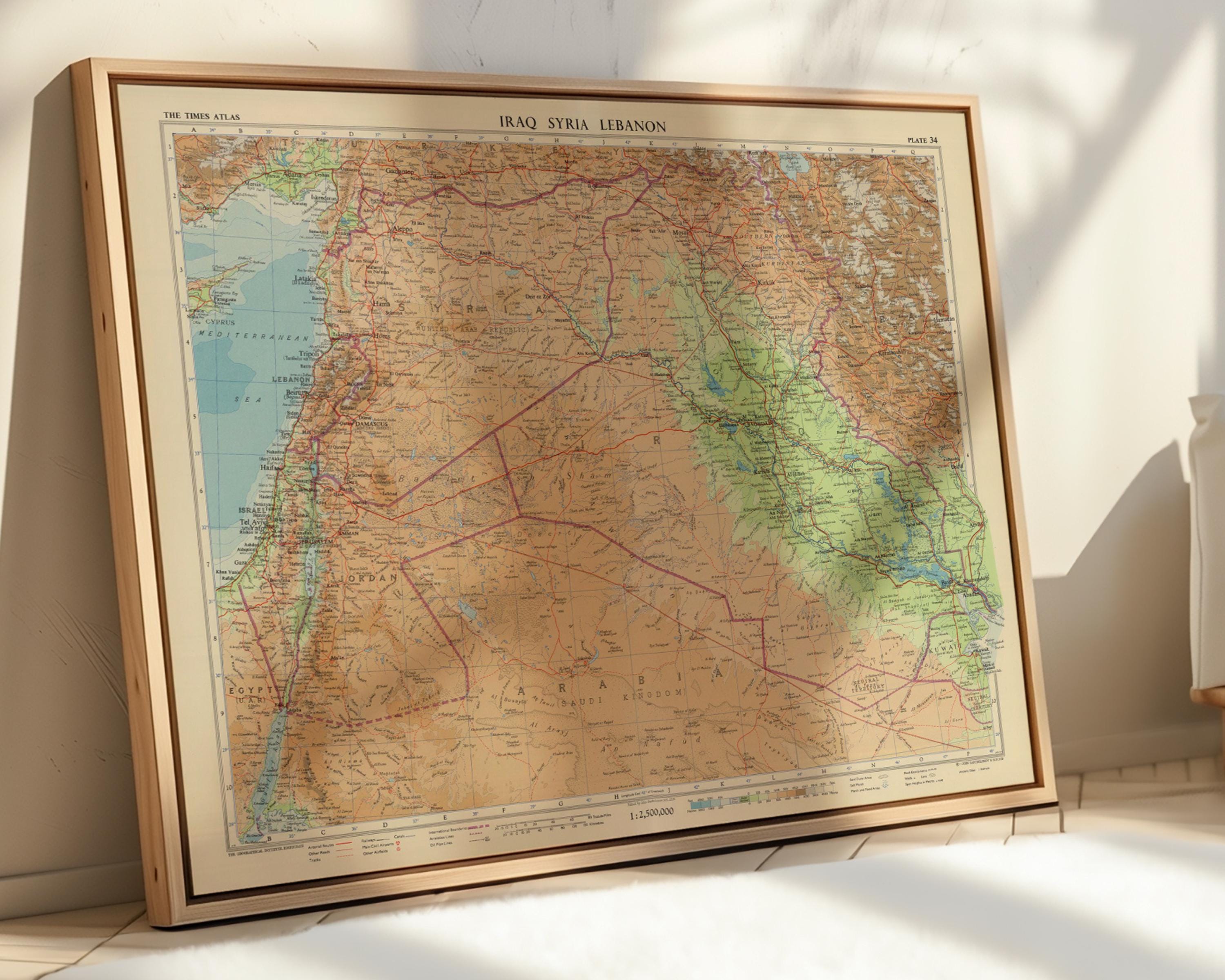 1959 Middle East Map: Vintage Topographical Print, Jordan, Syria, Iraq ...
