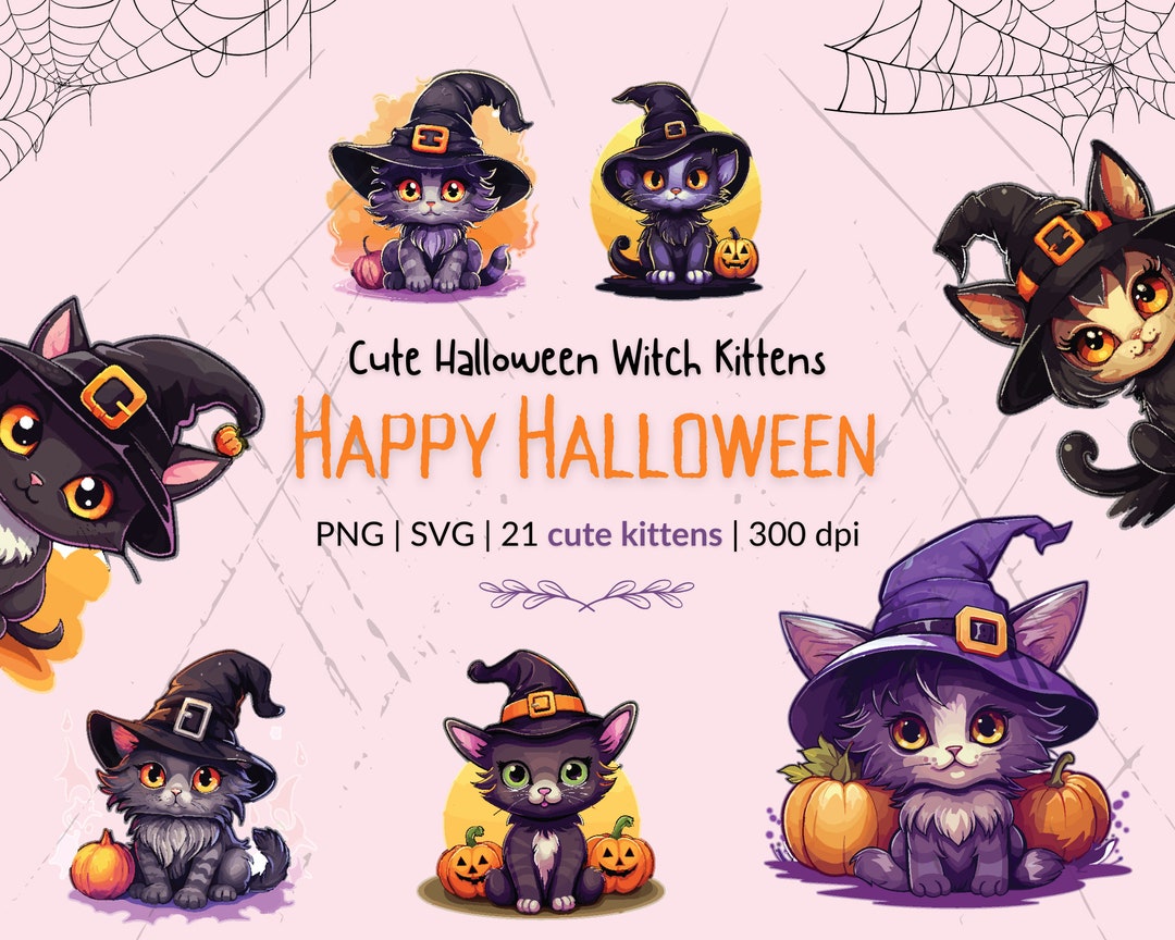 Cute Halloween Witch Cats Clipart Set Cute Halloween Black - Etsy