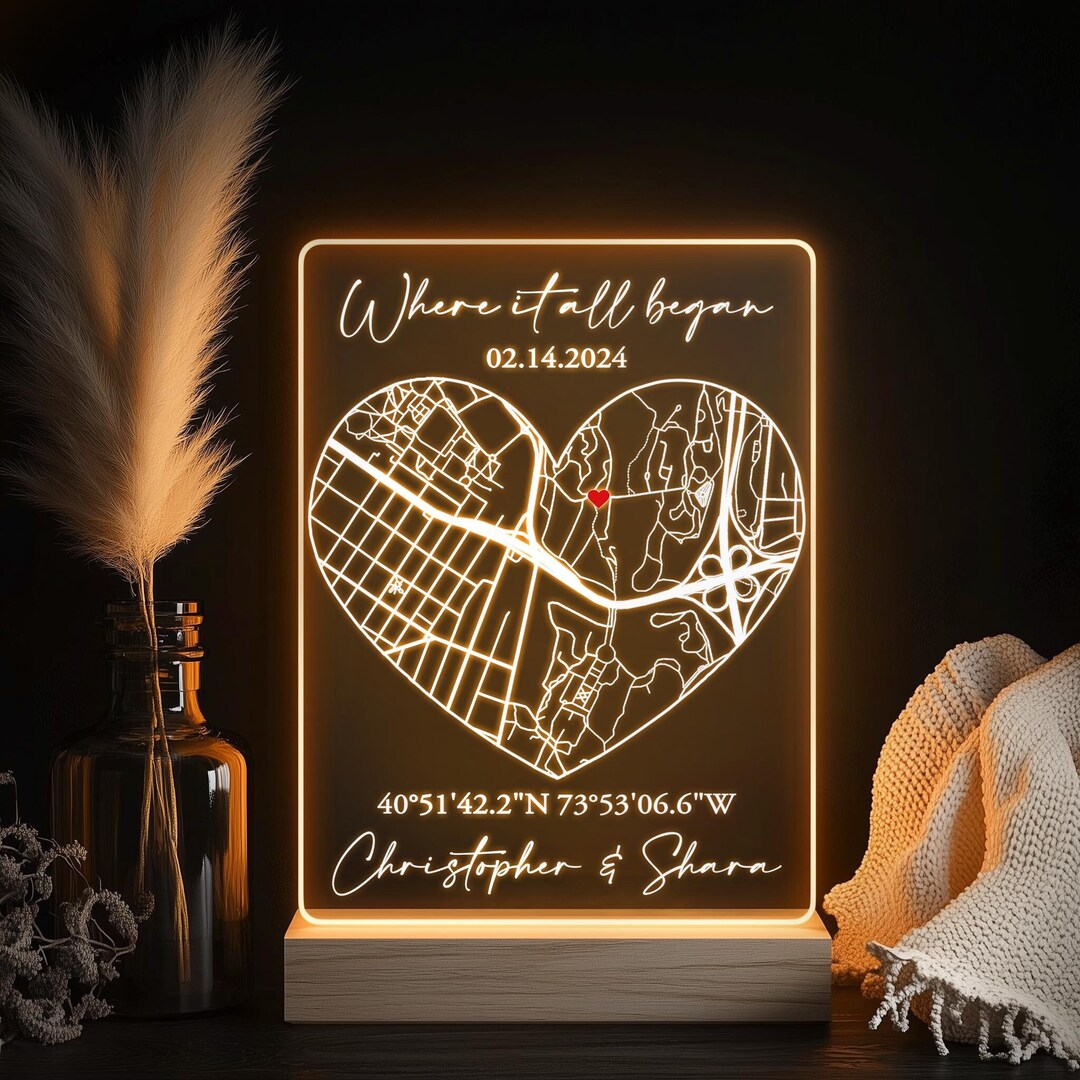 Where We Met Map Night Light, Personalized Couples Gift, Custom Map ...
