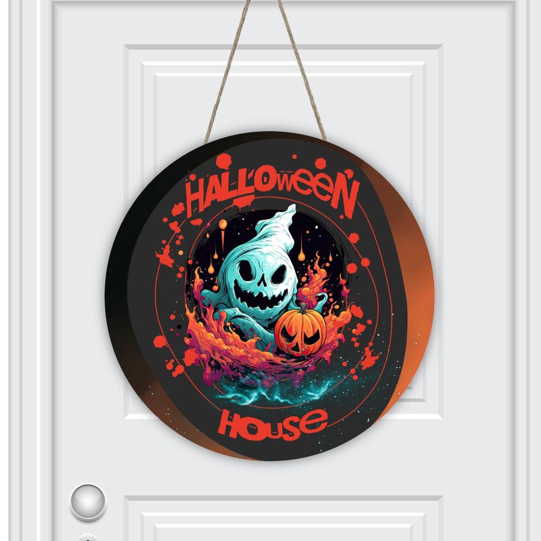 Spooky Halloween House Round Wood Door Sign Creepy Pumpkin and Ghost ...