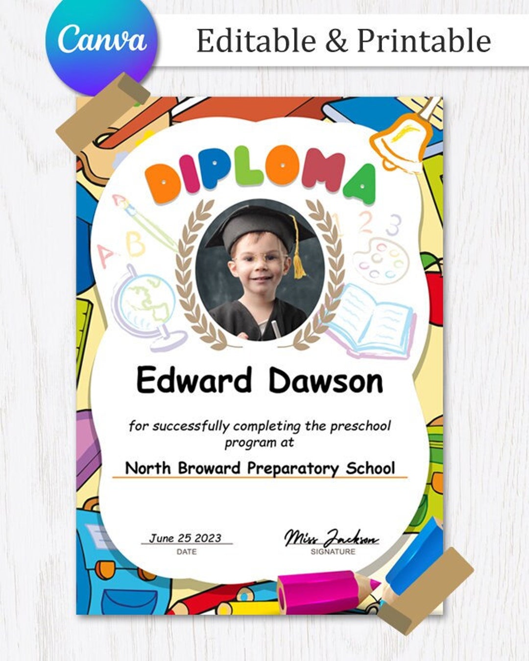 Preschool Diploma, Editable Preschool Diploma, Preschool Graduation ...