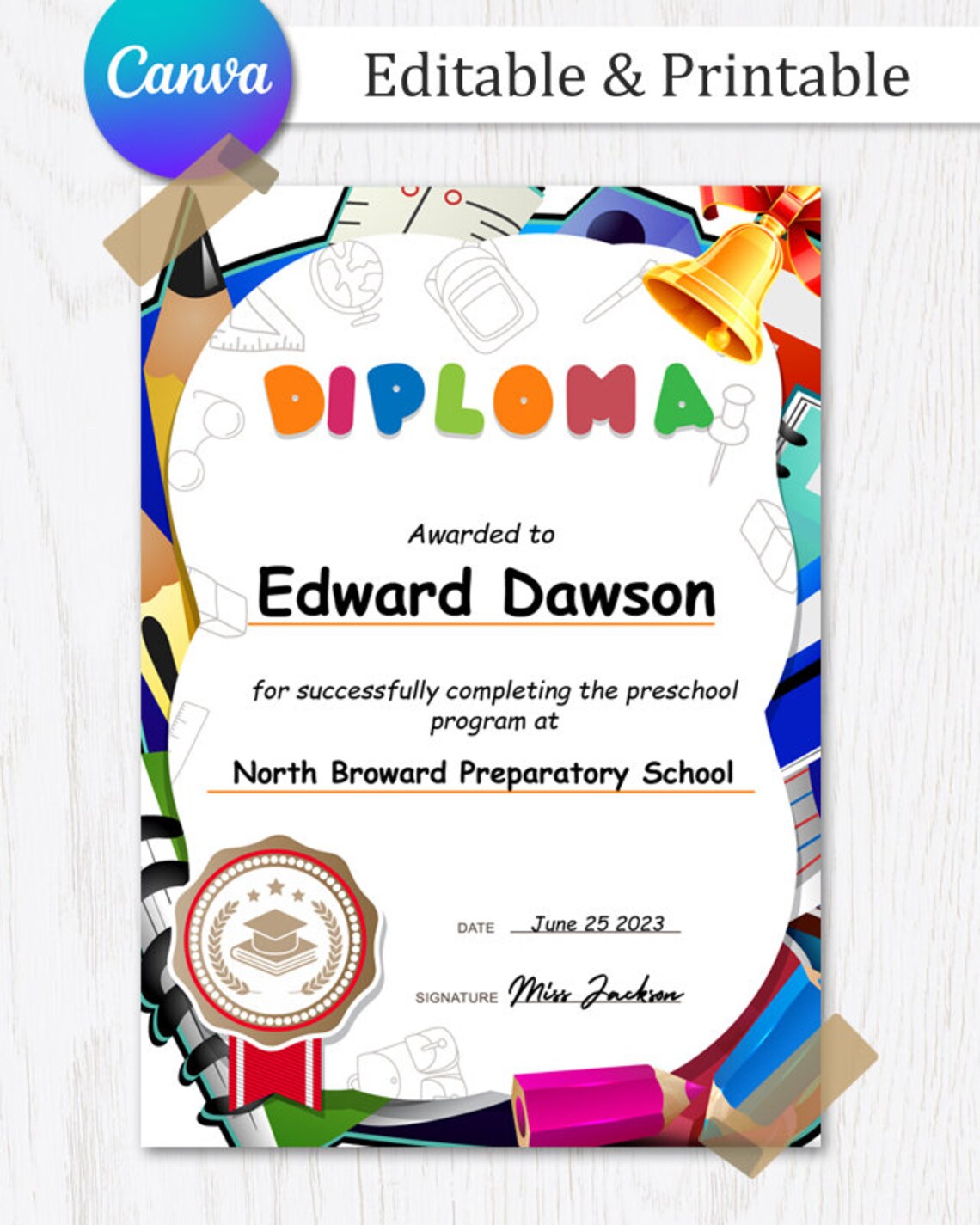 Preschool Diploma, Editable Preschool Diploma, Preschool Graduation ...