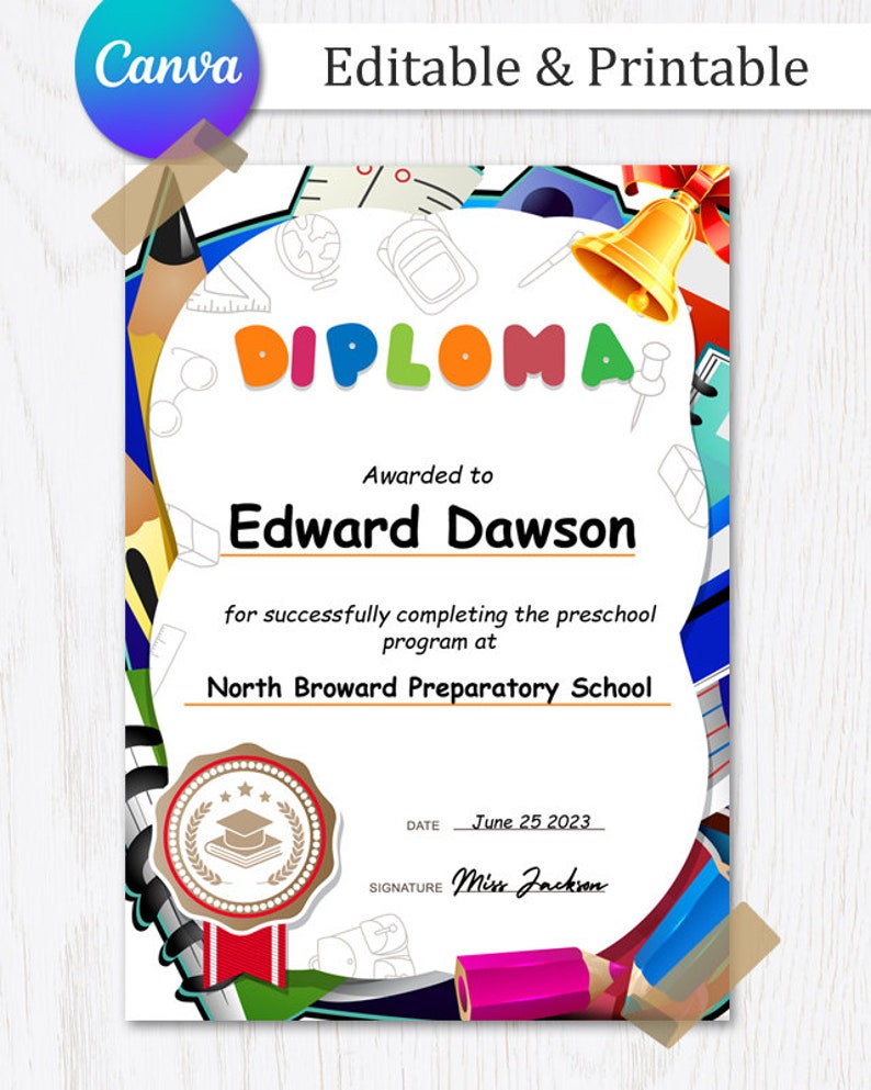 Preschool Diploma, Editable Preschool Diploma, Preschool Graduation ...