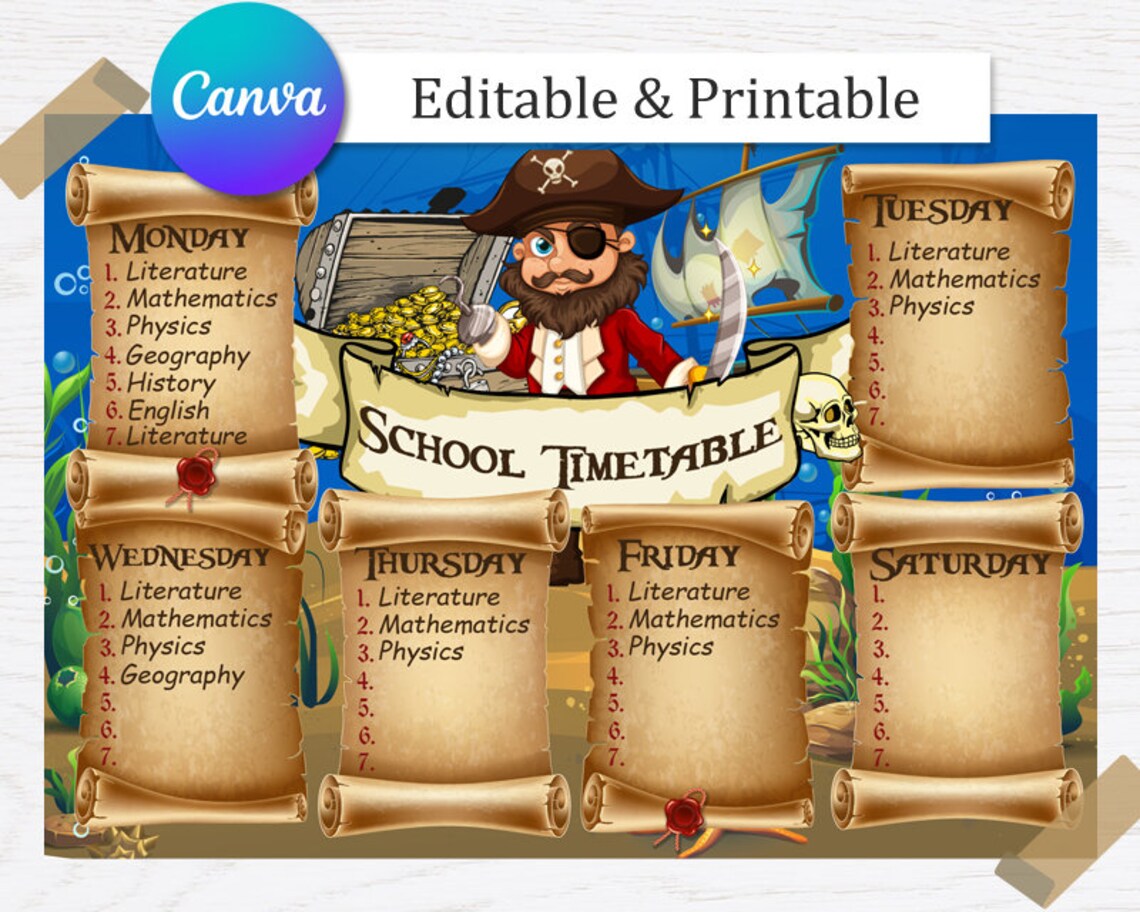 Editable School Timetable for Kids, Pirate School Timetable, Printable ...