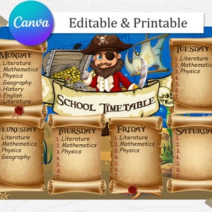 Editable School Timetable for Kids, Pirate School Timetable, Printable ...