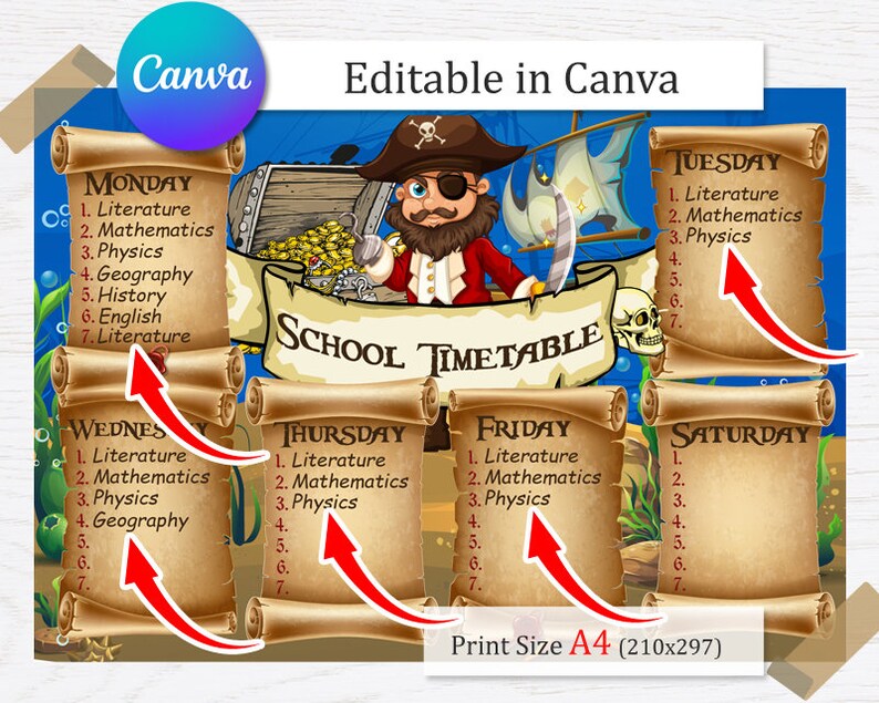 Editable School Timetable for Kids, Pirate School Timetable, Printable ...