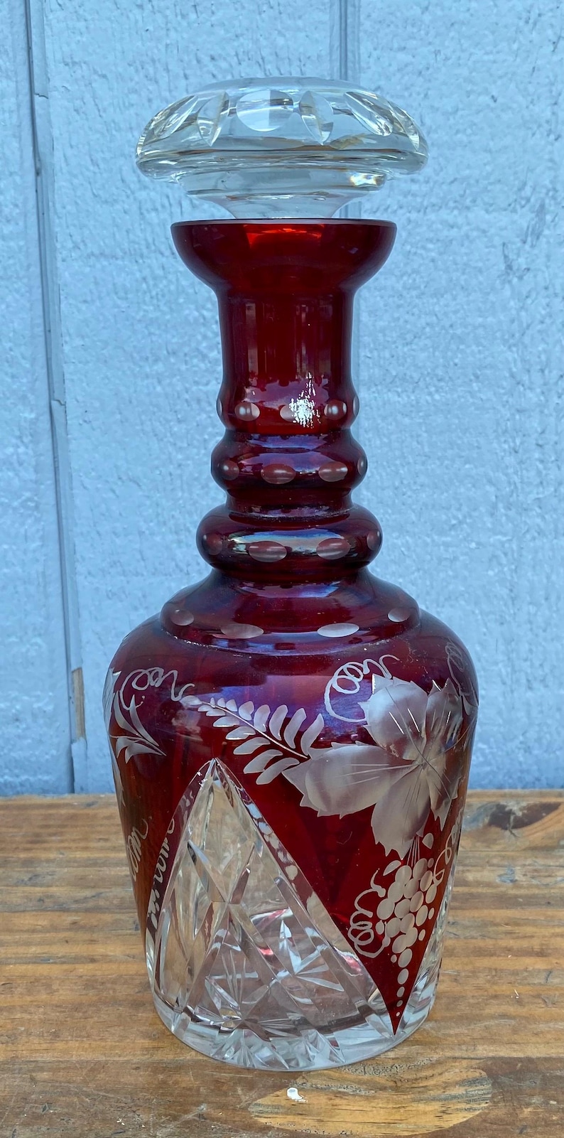 Vintage Bohemian Ruby Red Clear Cut Crystal Decanter W/ Grapes/leaves ...
