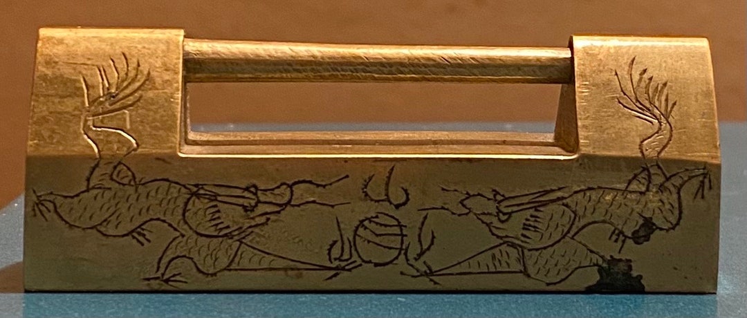 Antique Chinese Brass Padlock Vintage Slide Lock Engraved 19th Century ...