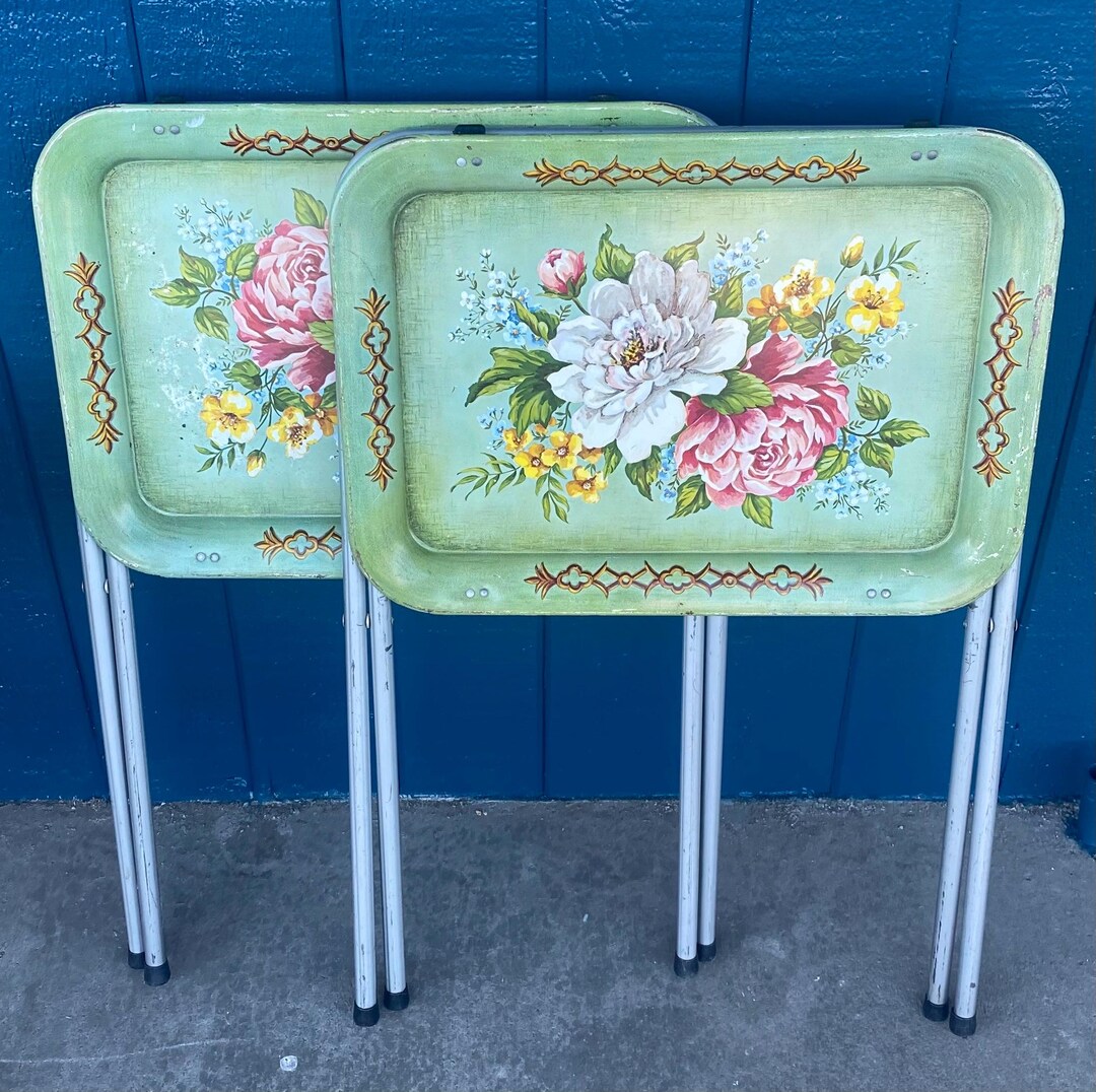 Mid Century Standing Metal TV Trays Set of 2 Floral Snack Trays - Etsy