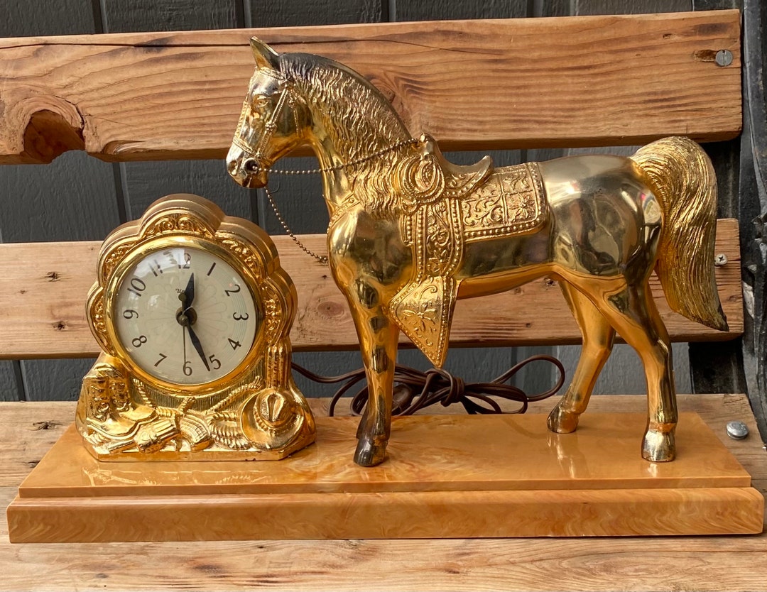 Mid Century United Clock Corp Western Brass Horse Mantle Clock - Etsy
