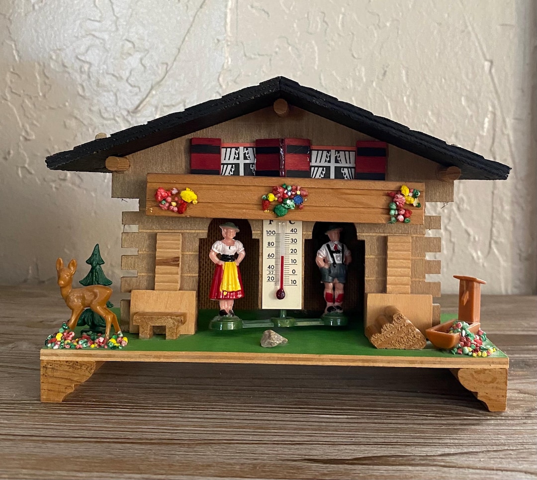 Vintage German Weather House Cabin, Barometer Thermometer Wooden Chalet ...