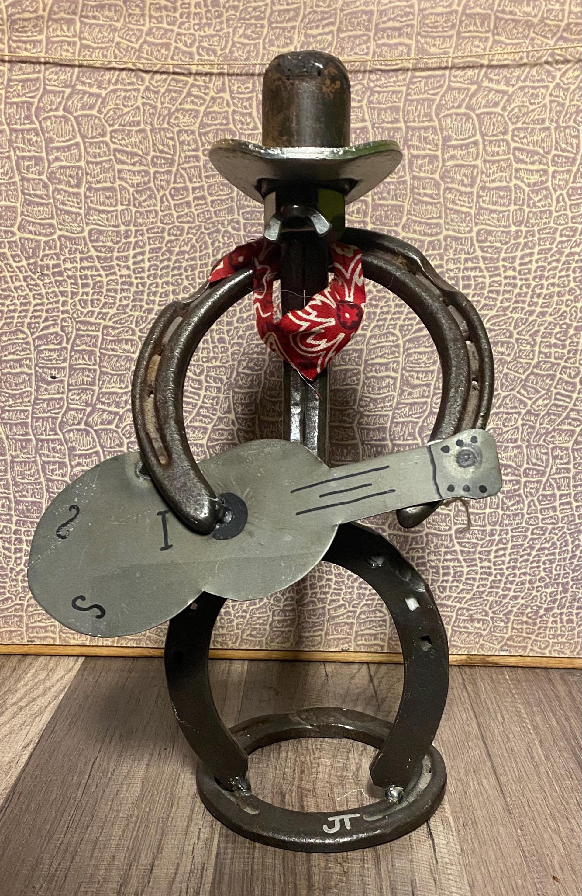 Welded Horseshoe Metal Art Figurine Signed, Cowboy W/ Guitar & Bandanna ...