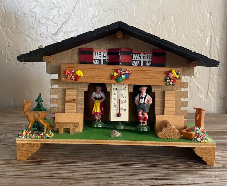 Vintage German Weather House Cabin, Barometer Thermometer Wooden Chalet ...