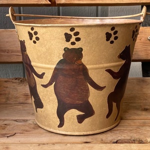 Hand Painted Dancing Bears Metal Tin Pail Bucket W/handle Cabin ...