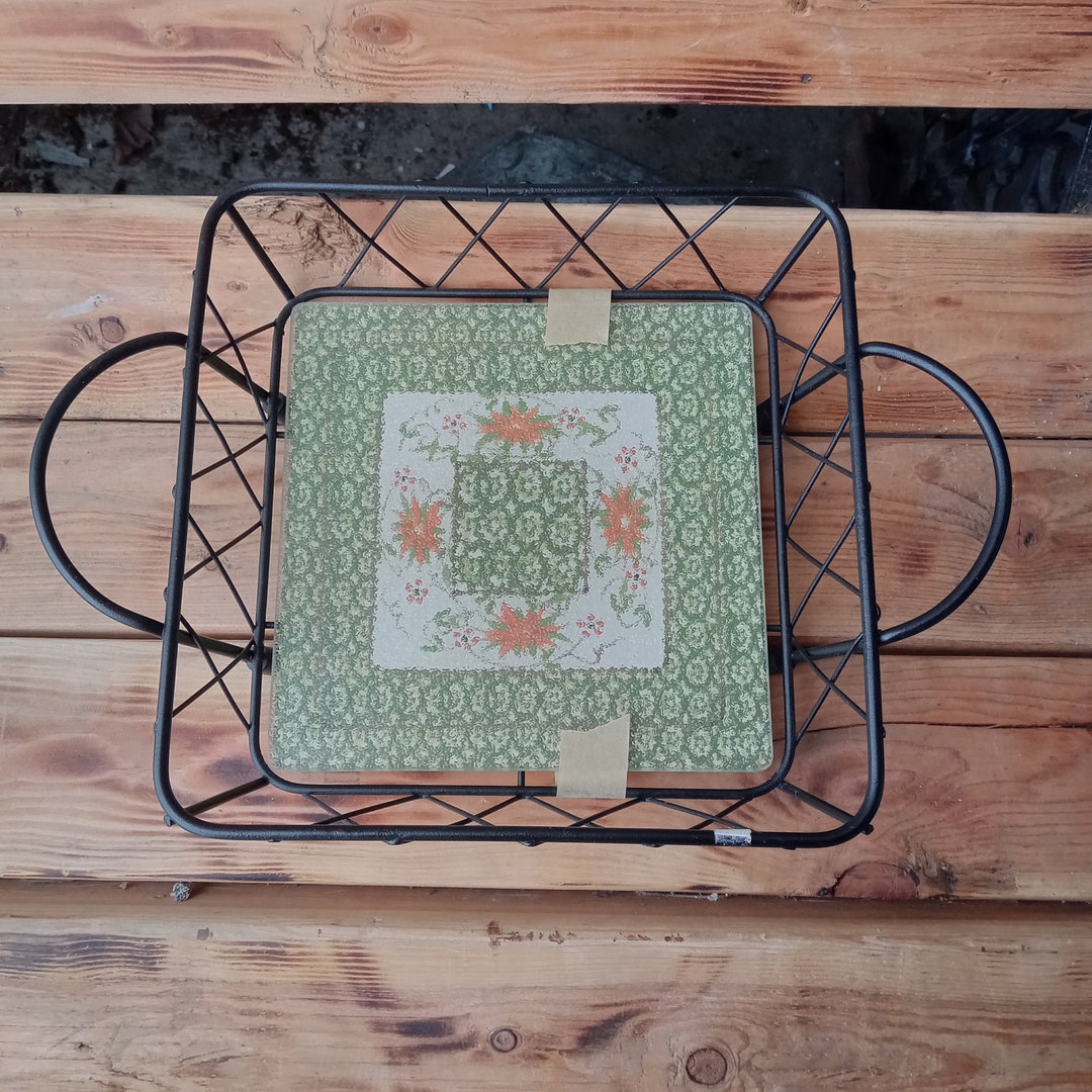 Temptations by Tara Old World Green Trivet and Wire Basket 12in X 9in X ...