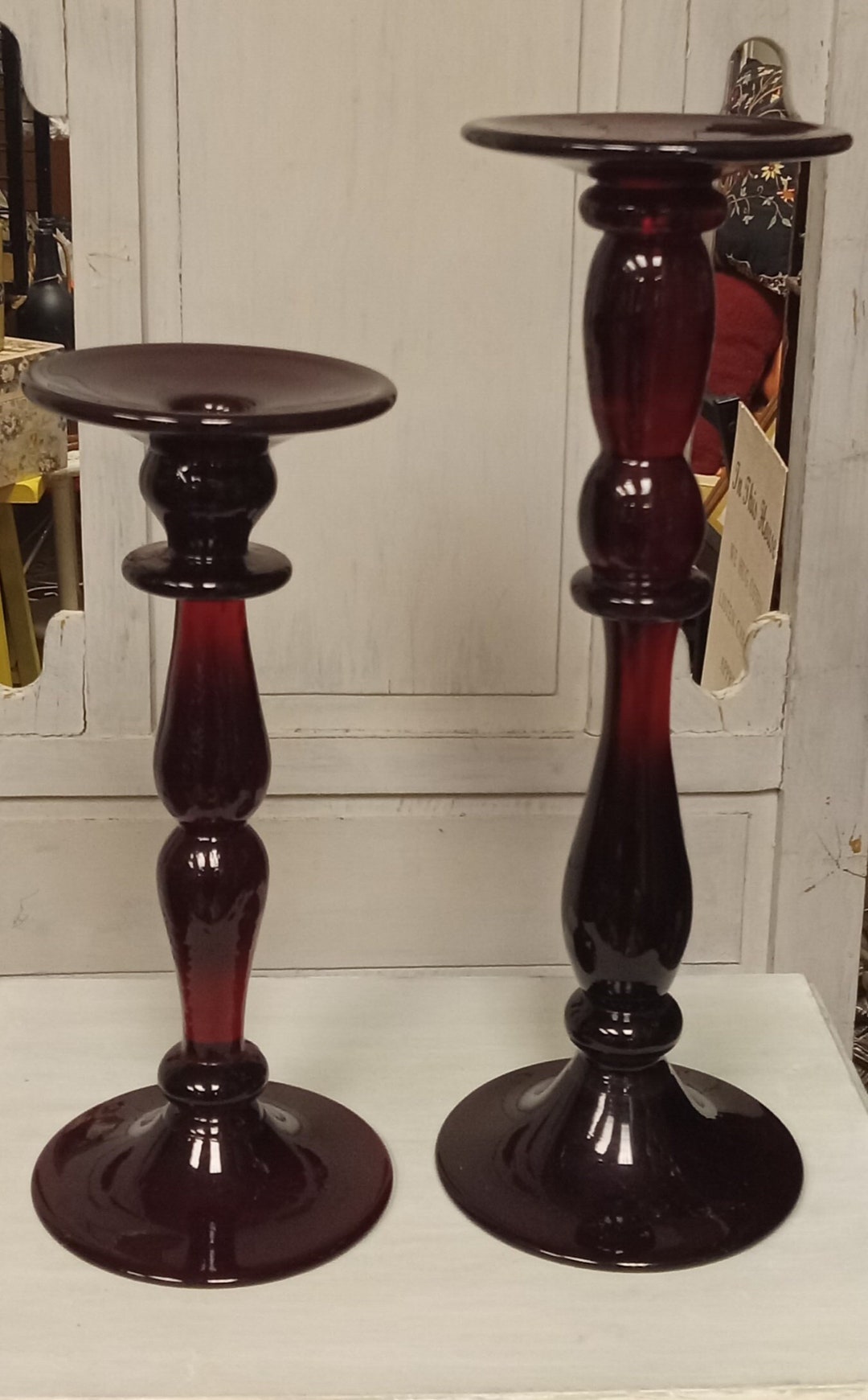 Tall Vintage Ruby Red Pottery Barn Candlestick Holder -HEAVY Glass - Etsy