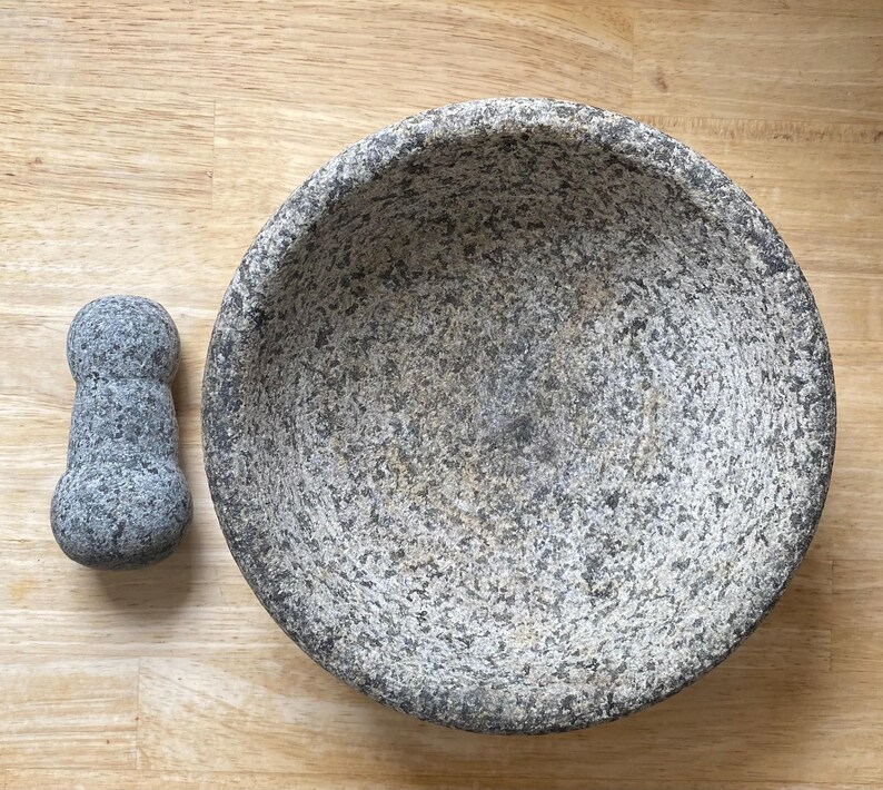 Vintage Large 8” Natural Granite Stone Molcajete Mortar & Pestle, Heavy ...