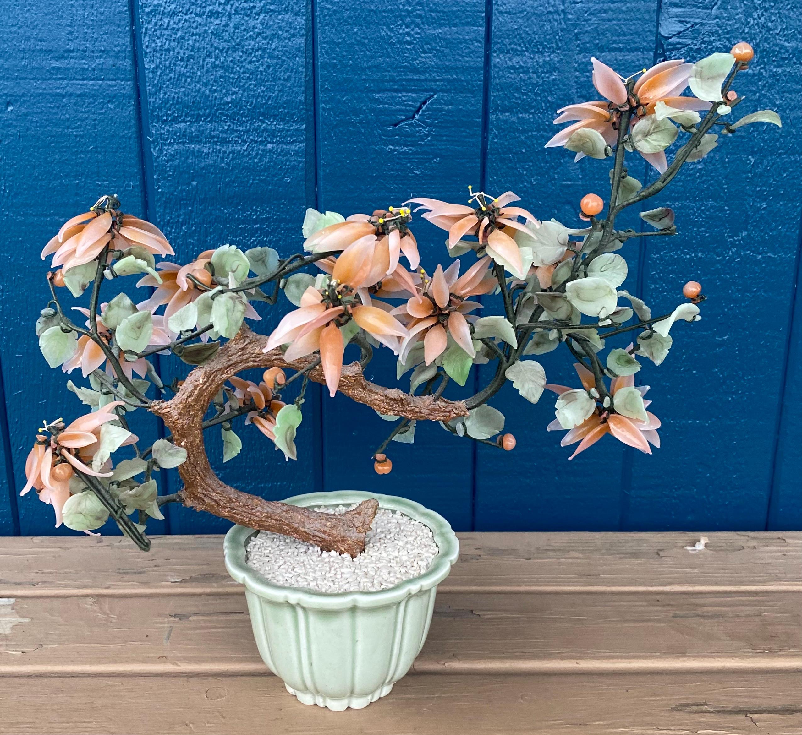Vintage Asian Art Large Jade & Gemstone Bonsai Tree Cherry Blossom Pink ...