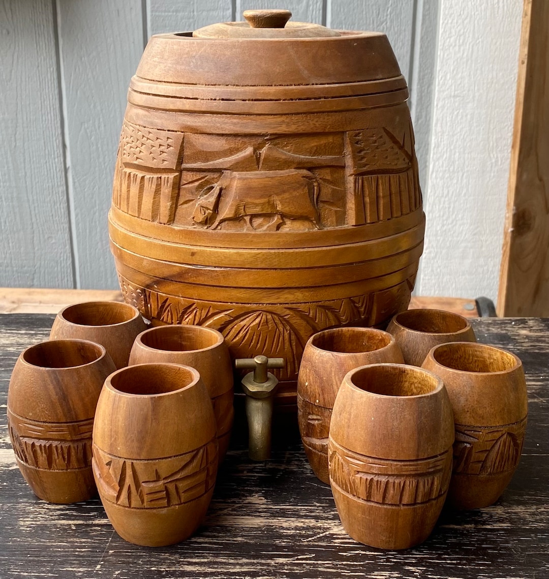 Teak Wood Tiki Jug With Spigot and 8 Cups Hand Carved Bar Ware - Etsy