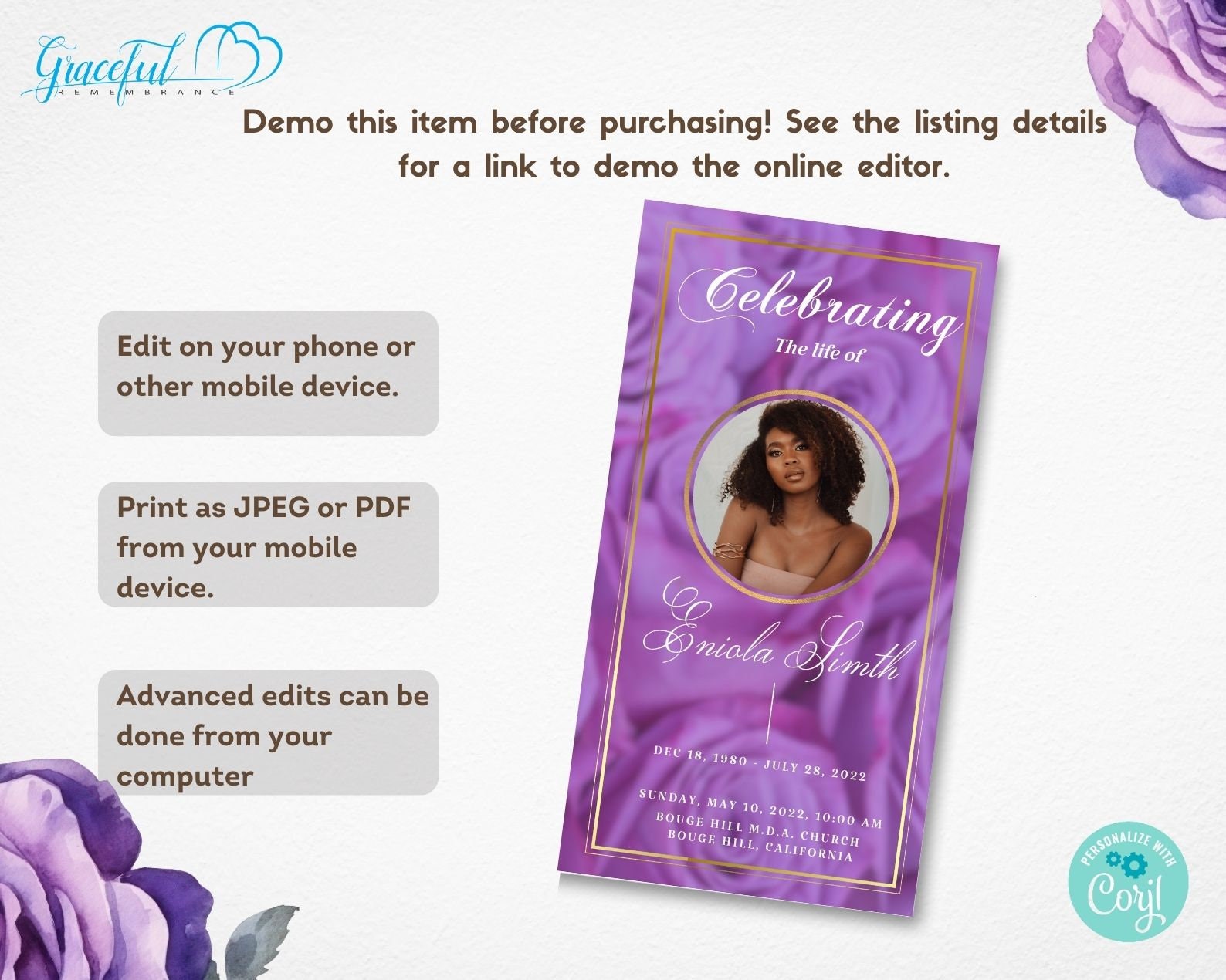 11x17 and 8.5x11: Trifold Funeral Brochure in Purple Hues Editable With ...