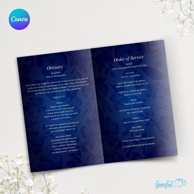 Dark Blue Funeral Program Template, 4-page Obituary Brochure, Canva ...