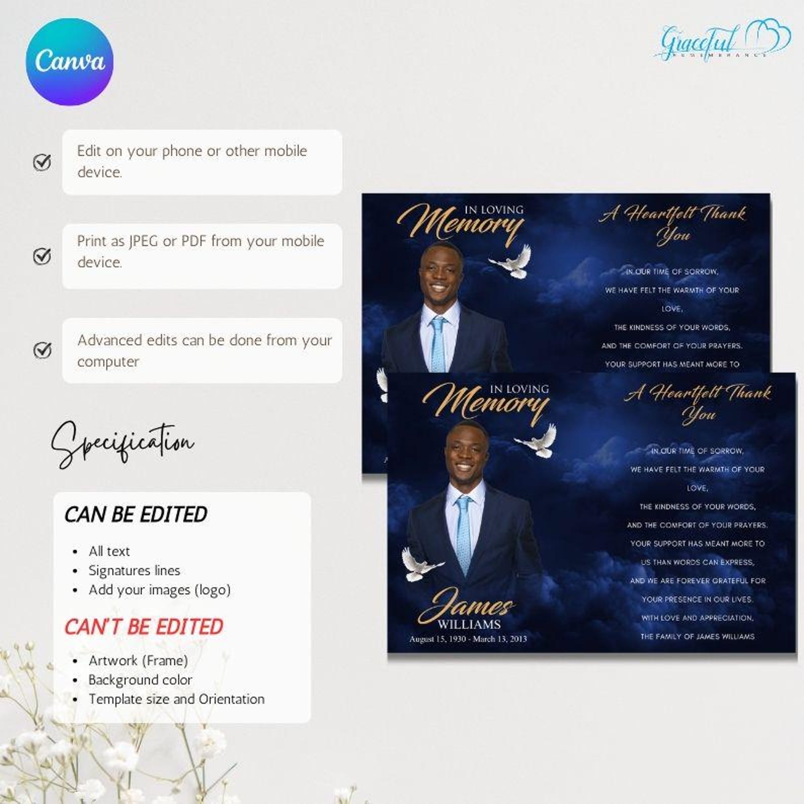 Funeral Thank You Card | Memorial Appreciation Card | Editable Canva ...