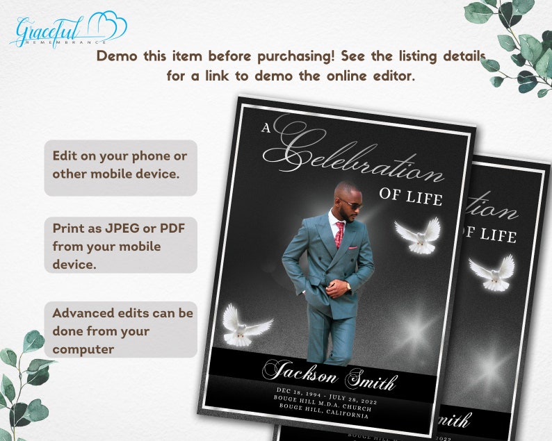 Timeless Black & White 8 Page Funeral Program Template Editable Using ...