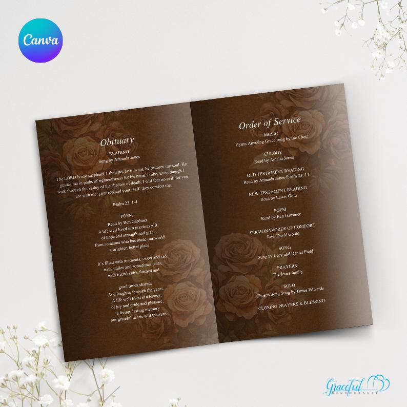 Brown Floral-themed 4-page Funeral Program Template | Bifold Memorial ...
