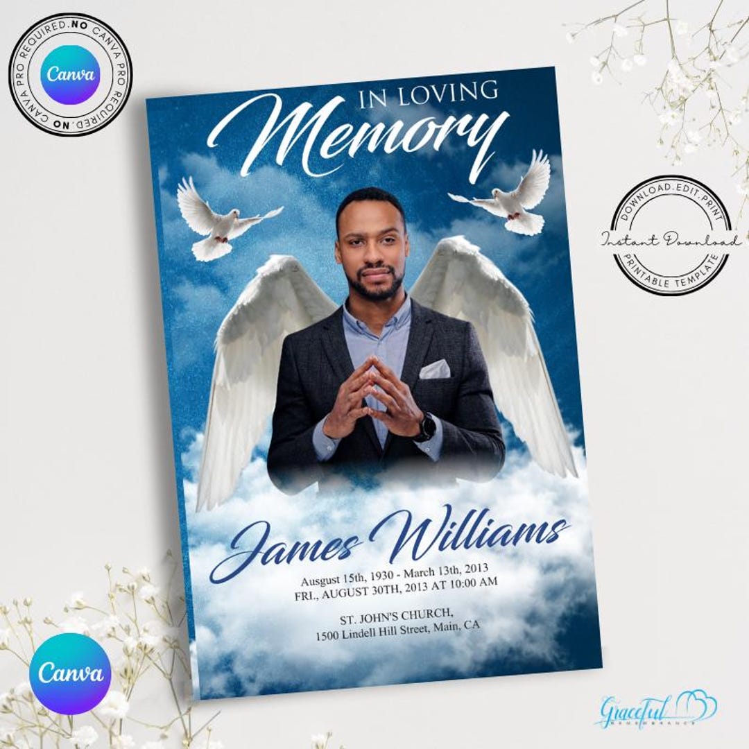 Blue Sky Angel Wings Funeral Program Template, 4-page Obituary, Canva ...