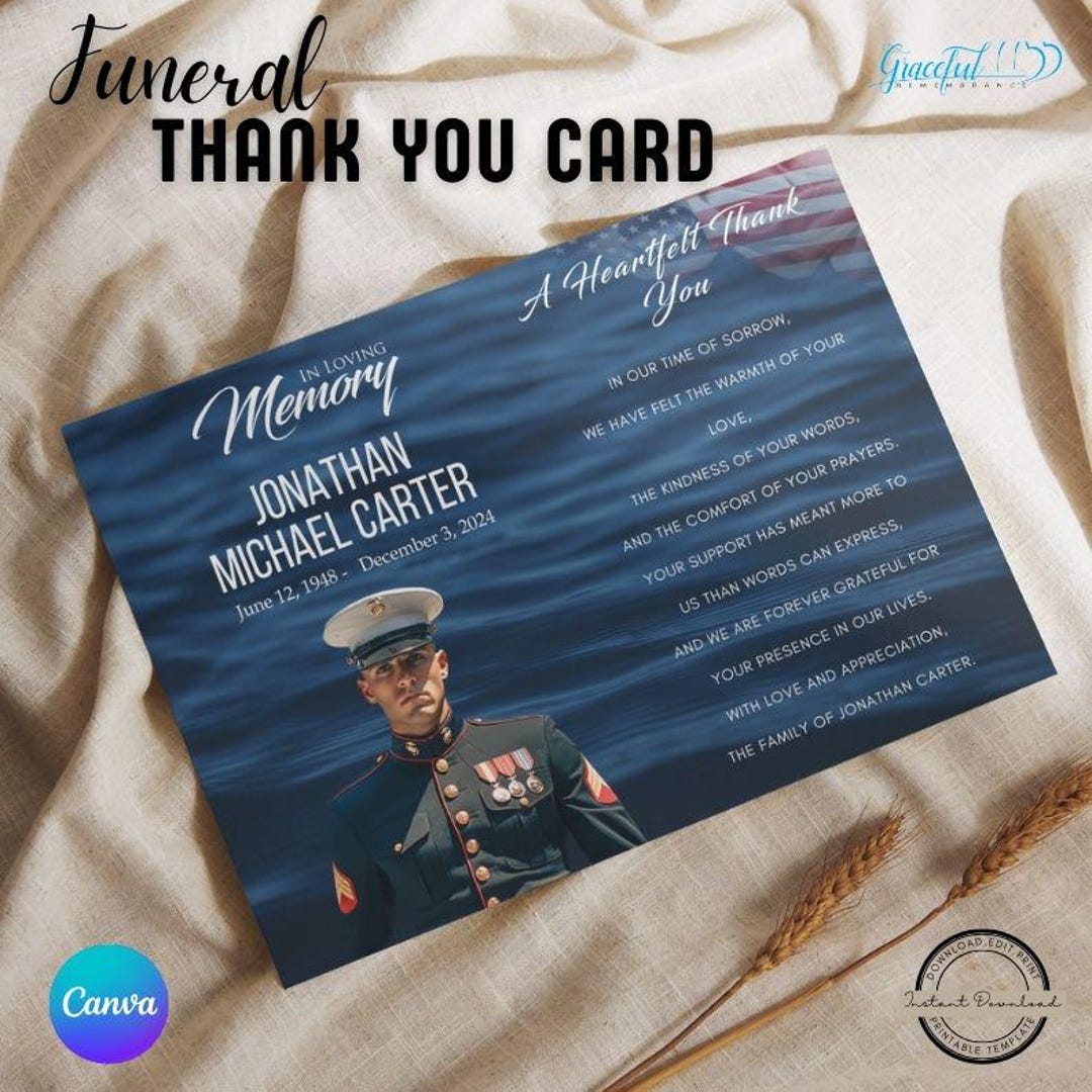 US Marine-themed Funeral Thank You Card | Memorial Appreciation Card ...