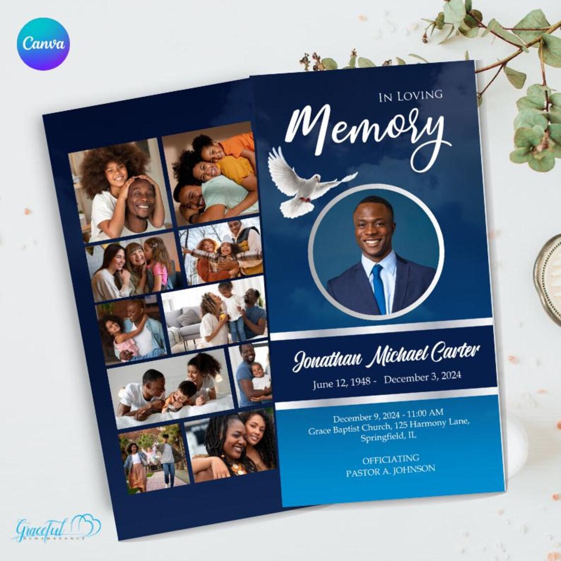 Dark Blue Funeral Program Template – 11"x17" Trifold Memorial Brochure ...