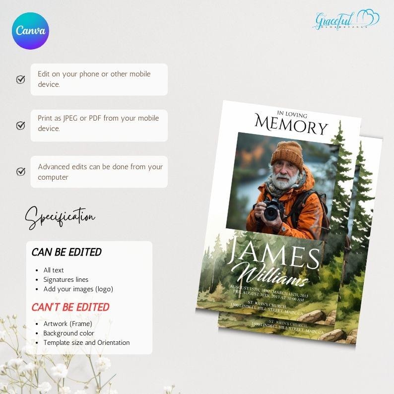 Nature-themed 4-page Funeral Program Template | Bifold Memorial ...