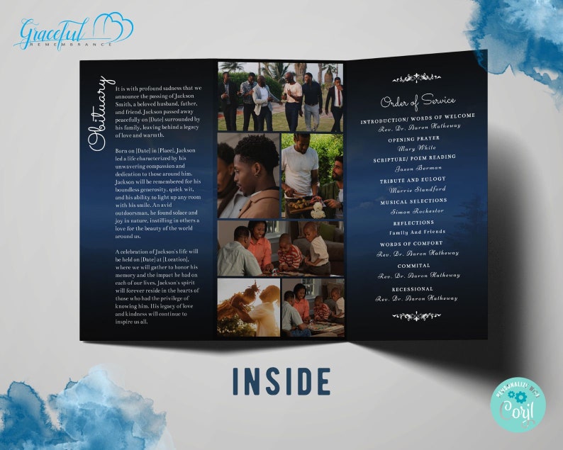 11"x17" and 8.5"x11": Trifold Funeral Program in Navy Blue ...