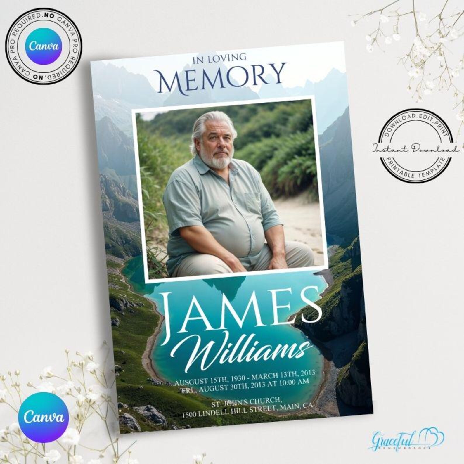Nature-themed 4-page Funeral Program Template | Bifold Memorial ...