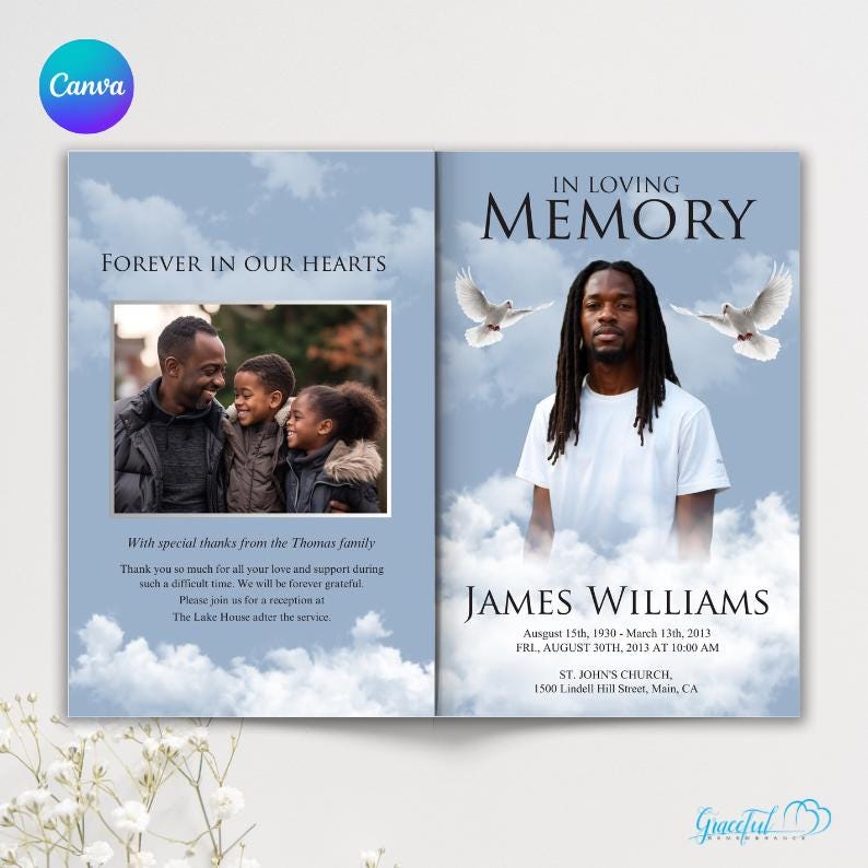 Sky Funeral Program Template, 4-page Obituary Brochure, Canva Memorial ...