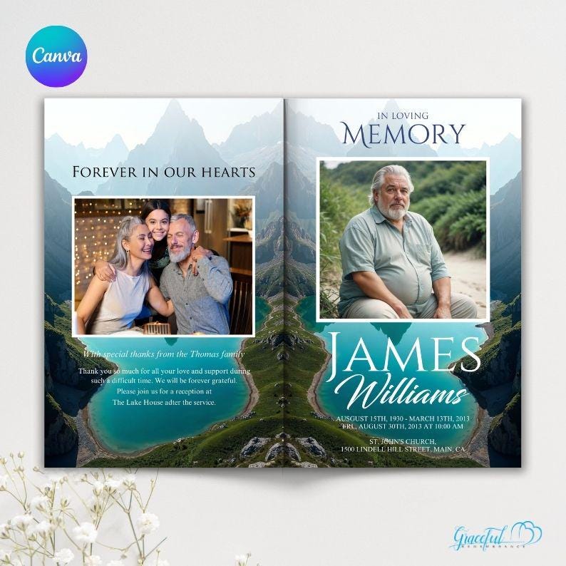 Nature-themed 4-page Funeral Program Template | Bifold Memorial ...