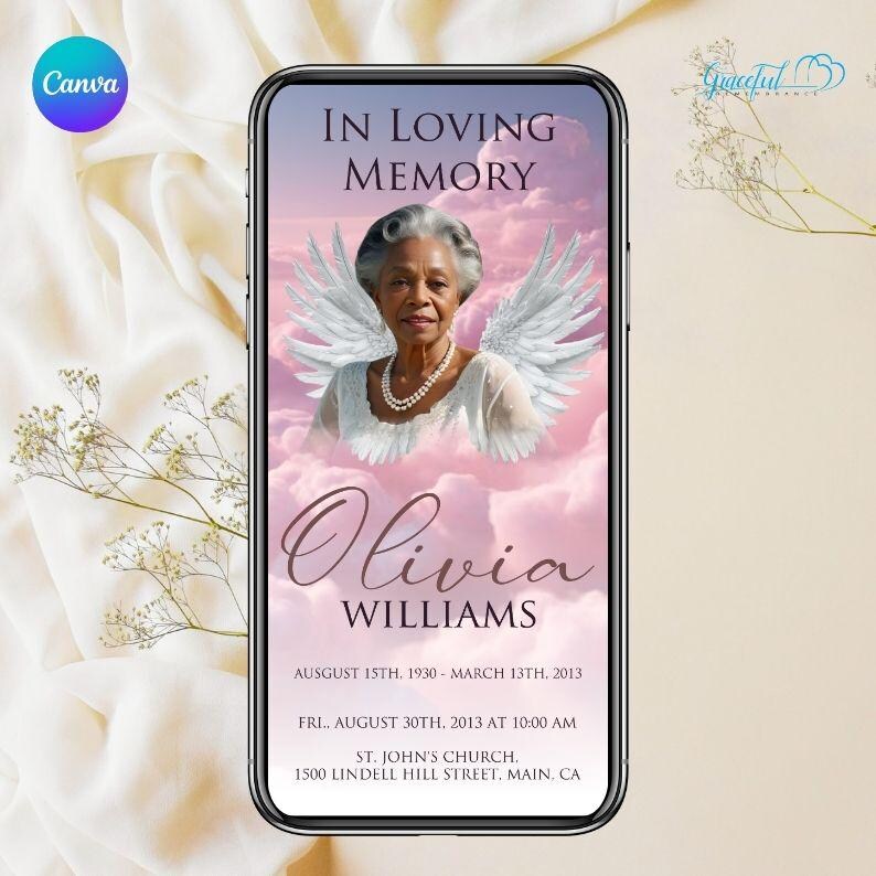 Sky and Angel Wings Digital Funeral Invitation Template | GR0N6P - Etsy