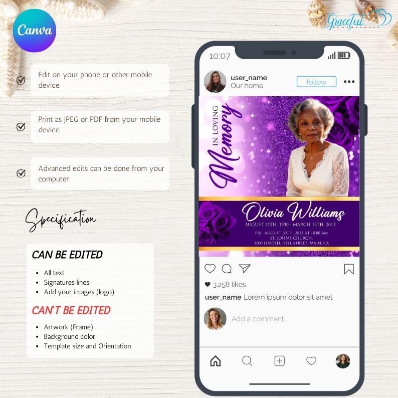 Purple Floral Digital Funeral Announcement | GR9Z7K - Etsy
