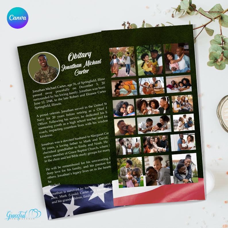 US Army Trifold Funeral Program Template – 11"x17" Memorial Brochure ...