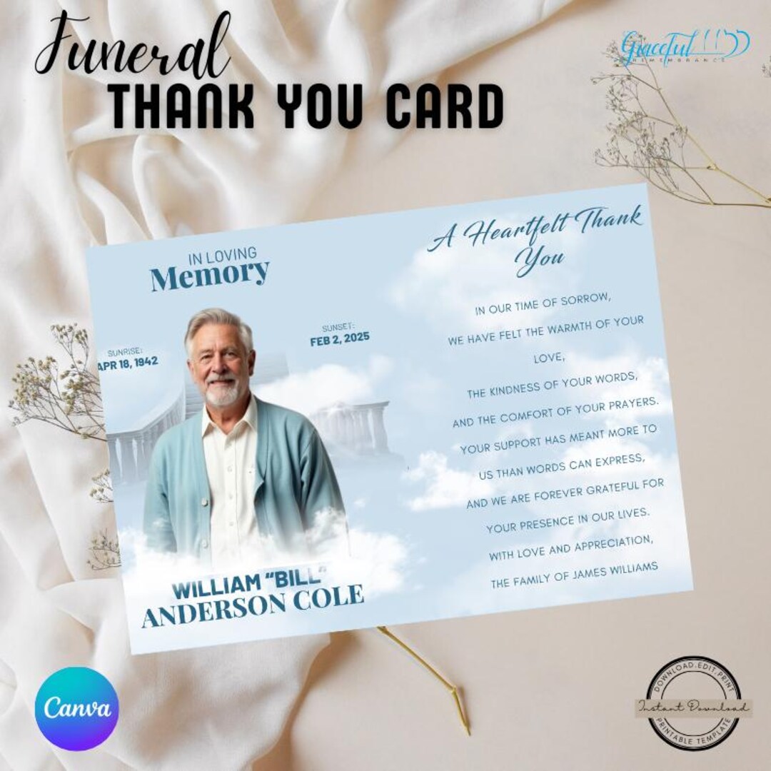 Funeral Thank You Card | Memorial Appreciation Card | Editable Canva ...