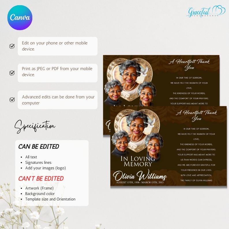 Funeral Thank You Card | Memorial Appreciation Card | Editable Canva ...