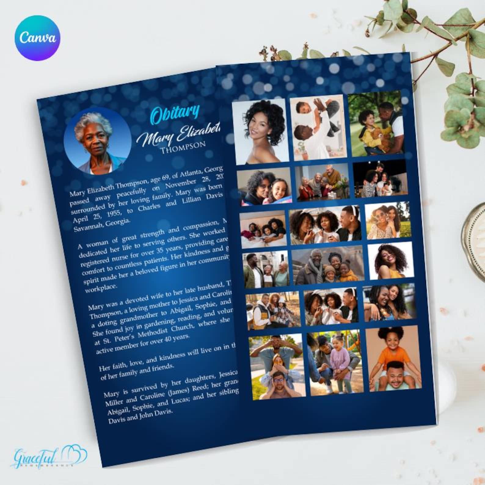 Dark Blue Funeral Program Template – 11"x17" Trifold Memorial Brochure ...