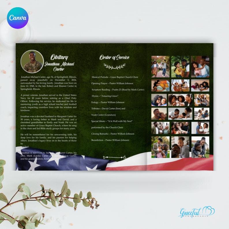 US Army Trifold Funeral Program Template – 11"x17" Memorial Brochure ...