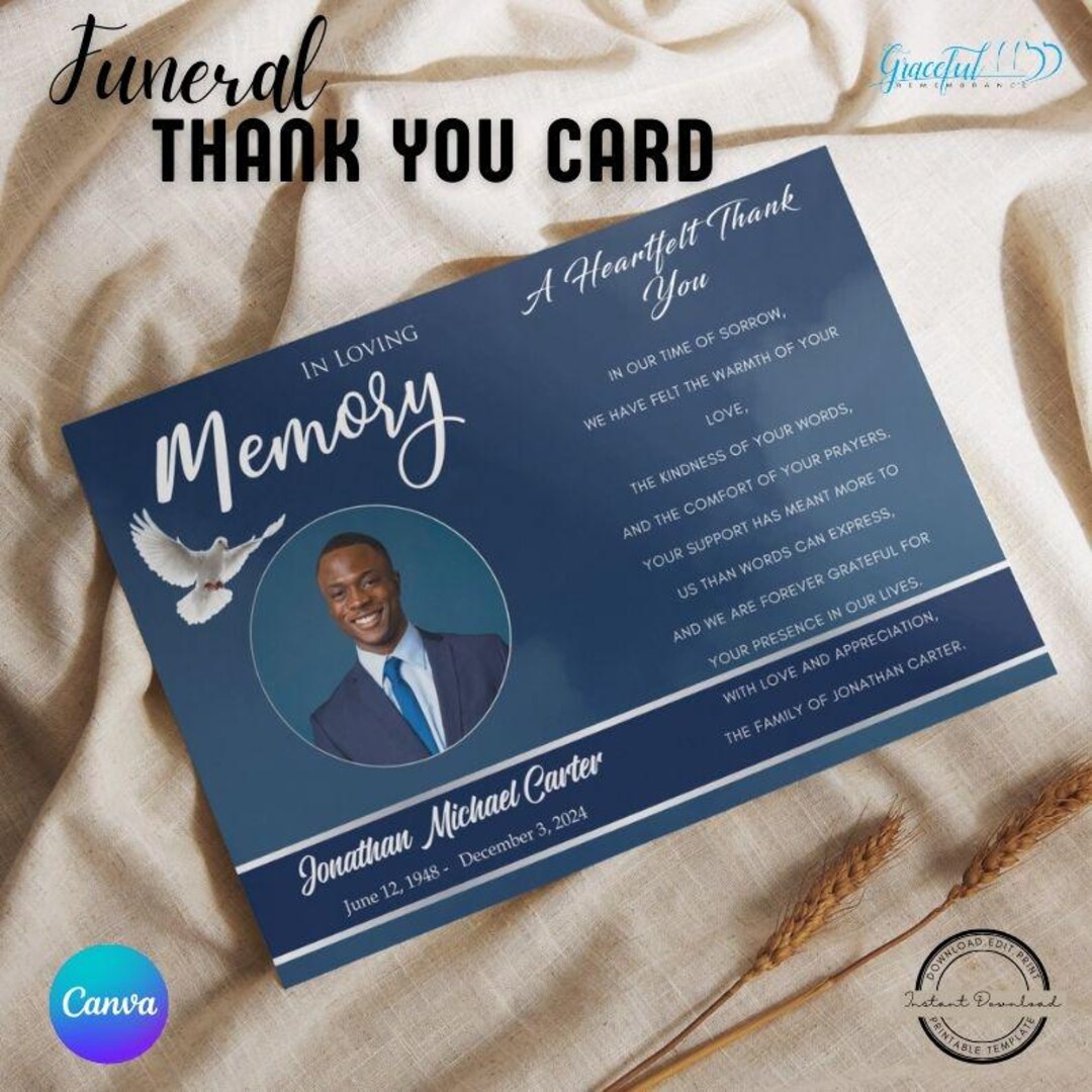 Funeral Thank You Card | Memorial Appreciation Card | Editable Canva ...