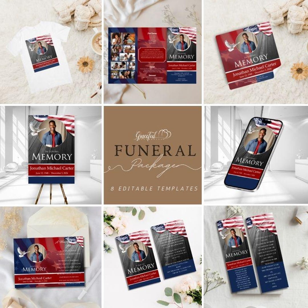 U.S. Flag-themed Complete Funeral Template Bundle | Editable Canva ...