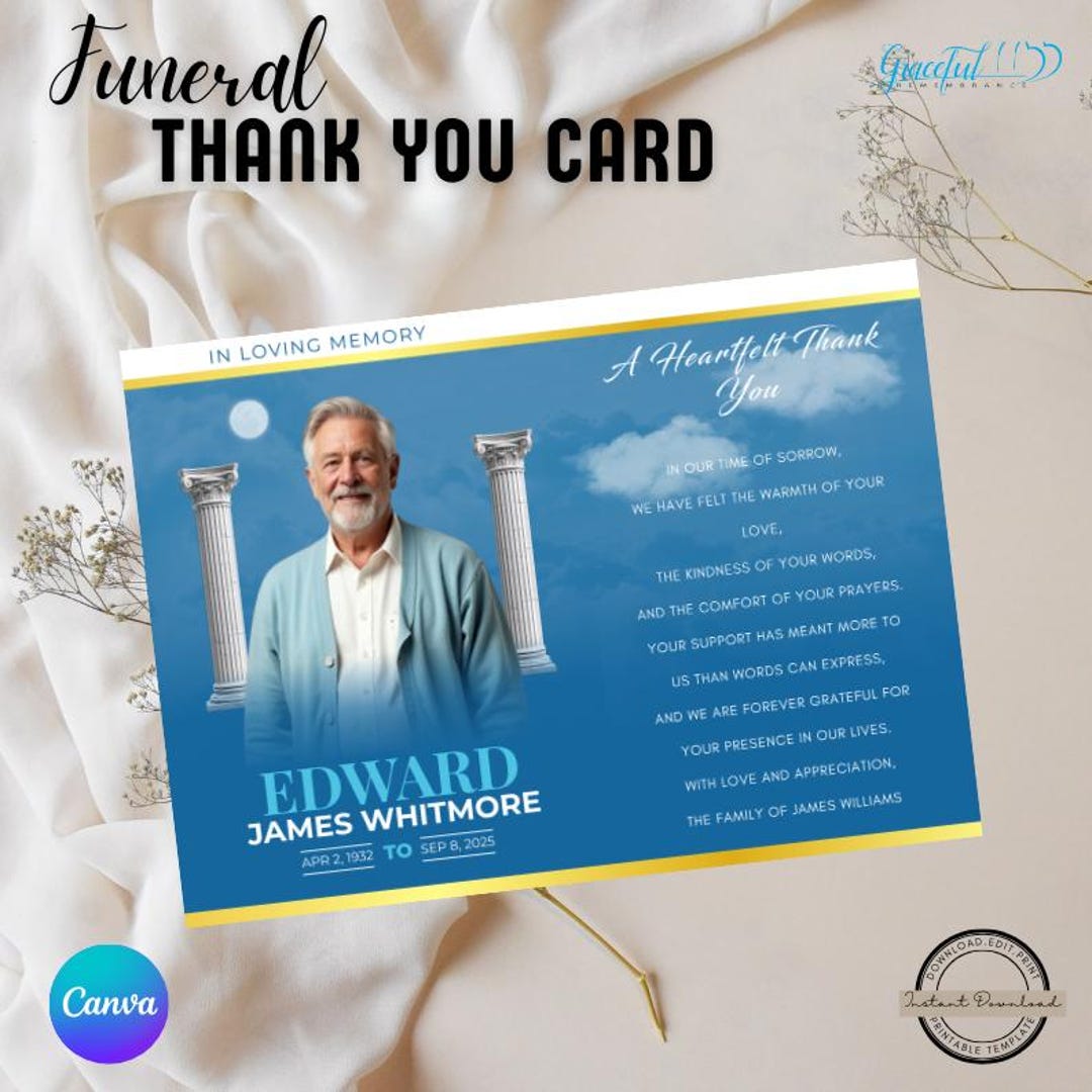 Funeral Thank You Card | Memorial Appreciation Card | Editable Canva ...