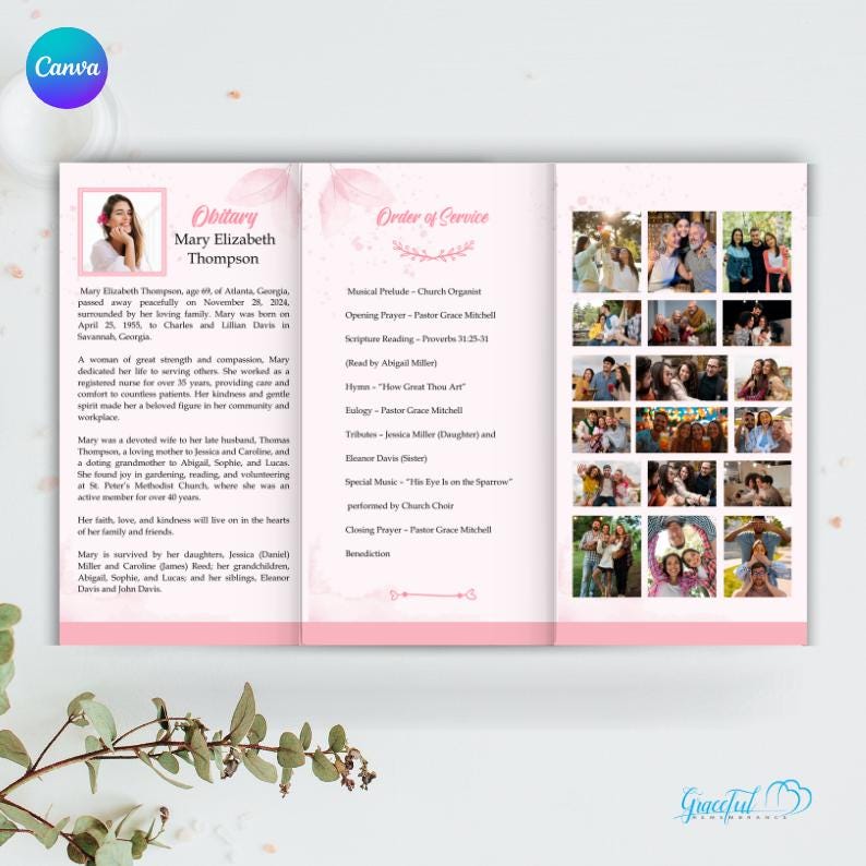 Pastel Pink Trifold Funeral Program Template, Celebration of Life Brochure, Obituary Template ...