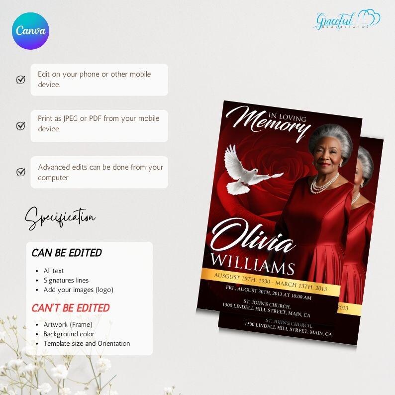 Red Floral 4-page Funeral Program Template | Bifold Memorial Brochure ...