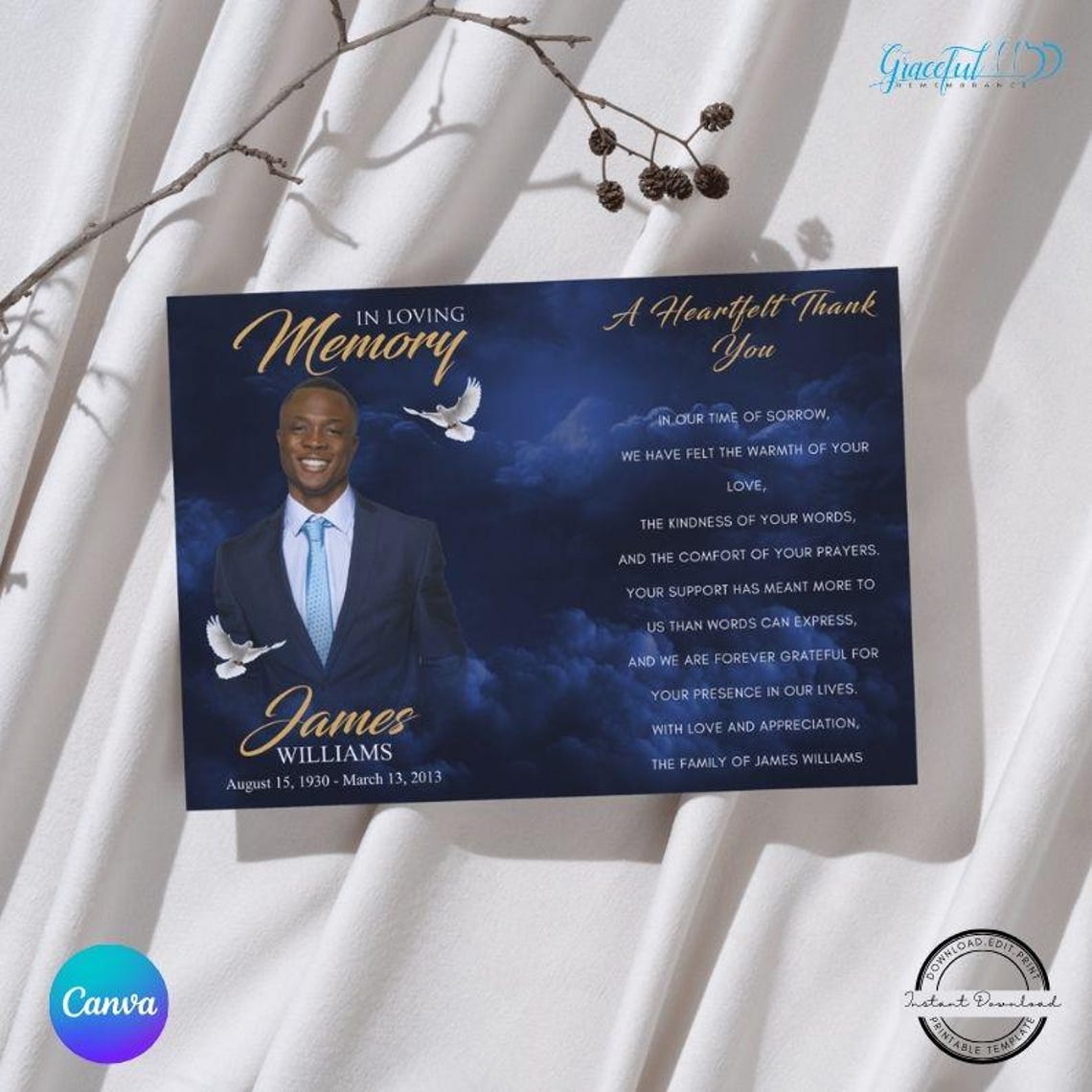 Funeral Thank You Card | Memorial Appreciation Card | Editable Canva ...