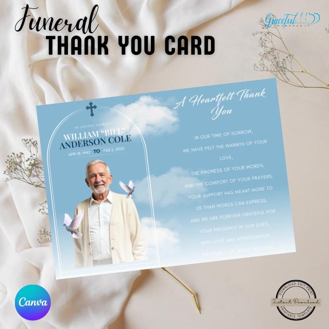 Funeral Thank You Card | Memorial Appreciation Card | Editable Canva ...